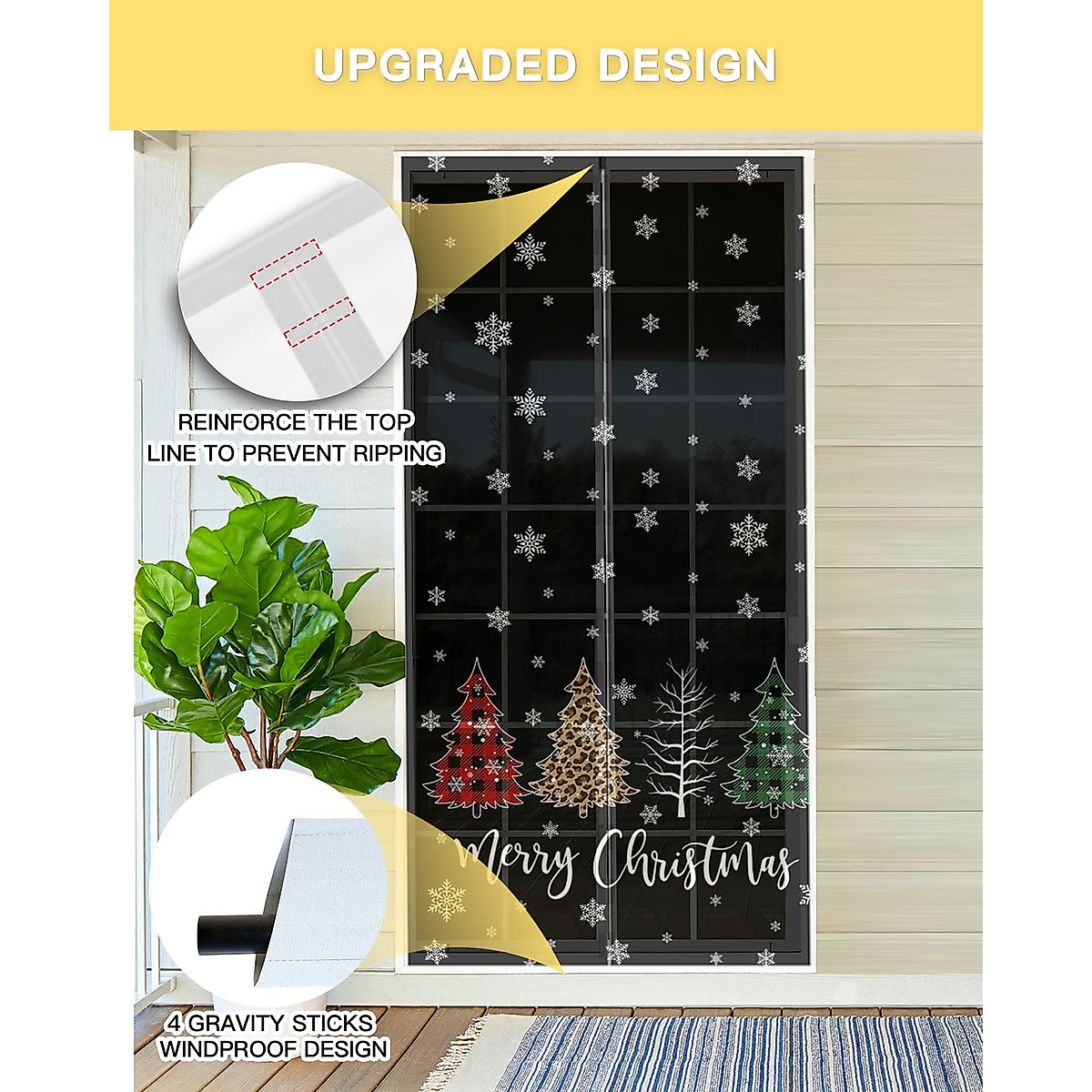 OComster Black Christmas Tree Magnetic Screen Door, Xmas Tree Winter Snowflake Hands Free Screen Mesh Size 38" x 83", Reinforce Heavy Duty Mesh Screen Doors for Patio/Front/Sliding Door