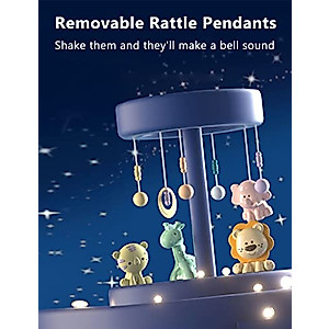 BSROLUNA Baby Crib Mobile with Music and Lights, Baby Mobile for Crib with Remote Control, Hanging Rotating Animal Rattles, 50 Songs and Timing Function, Cartoon Baby Crib Toys for Girls (Baby Blue)