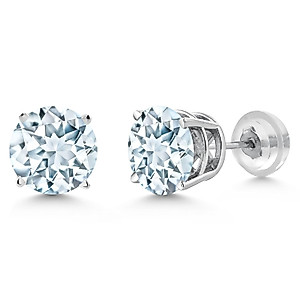 Gem Stone King 14K White Gold Sky Blue Aquamarine Stud Earrings For Women (1.50 Cttw, Gemstone Birthstone, Round 6MM)