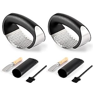 2 Pack Garlic Press Rocker, Stainless Steel Garlic Mincer with 2 Peelers, 2 Scrapers and 2 Brushes | Garlic Crusher Garlic Chopper for Smashing Garlic
