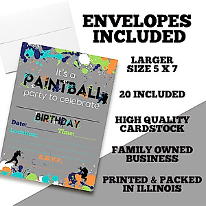 Paintball Themed Birthday Party Invitations, 20 5x7 Fill In Cards with Twenty White Envelopes by AmandaCreation