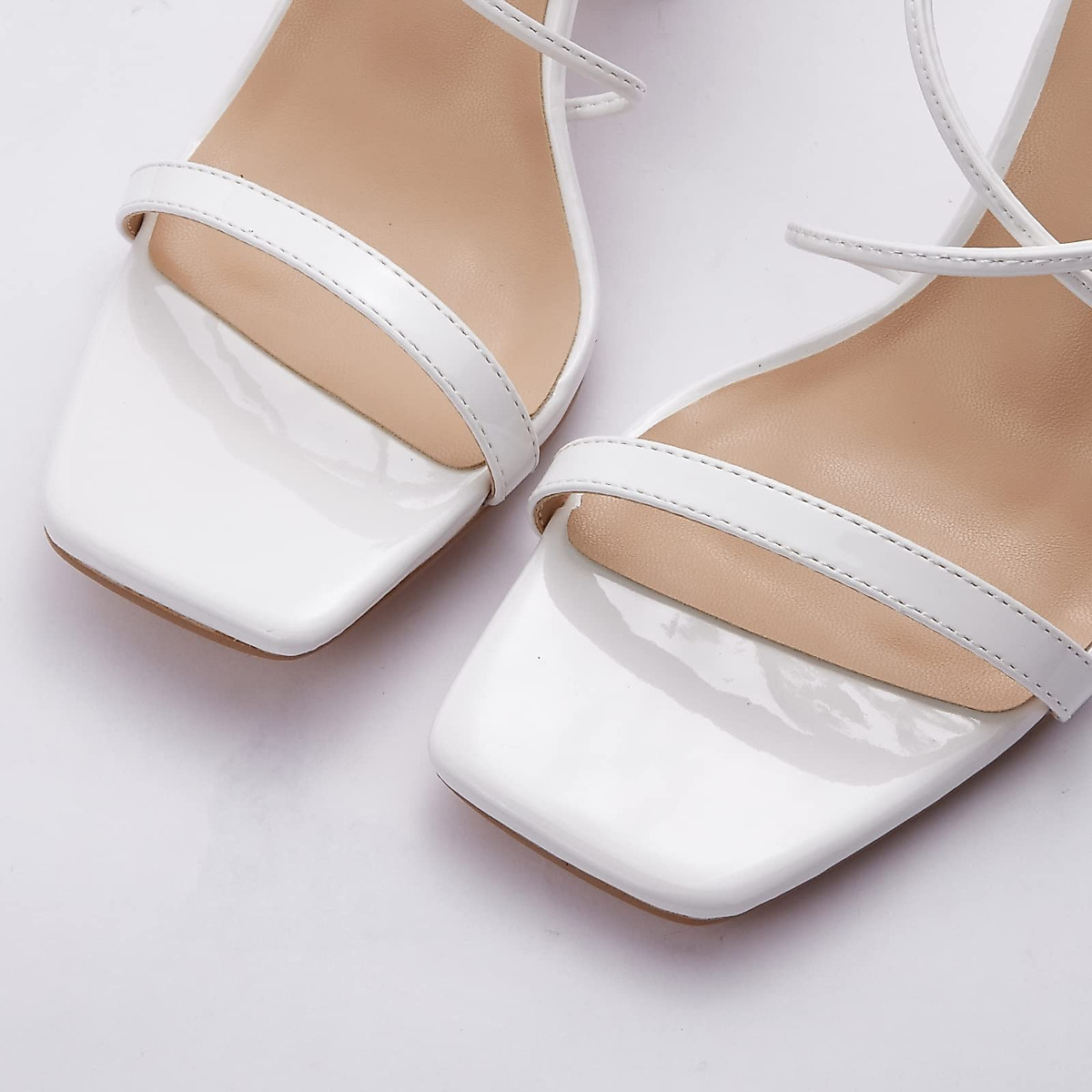 Elisabet Tang Women's Strappy Chunky Heels Sandals, Lace Up 3 inch Low Block Heels Ankle Wrap Heel Square Open Toe Tie Up Heeled Sandals Shoes White Size 8