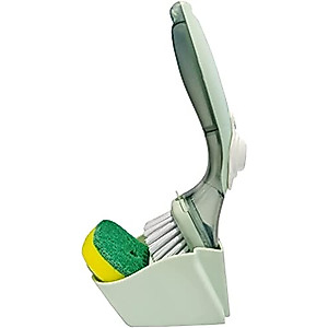 CQT Soap Dispensing Dish Brush Storage Set, Dish Scrubber with Handle, Kitchen Washing Brush for Pot Pan Sink Cleaning, Kitchen Brush with Holder and 1 Replaced Scouring Pad Head