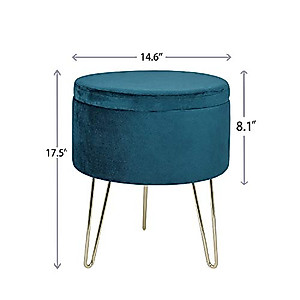 GLOVAL HOME Modern Round Velvet Storage Ottoman Footrest Stool/Seat with Gold Metal Legs & Tray Top Coffee Table,Vanity Stool- (Teal)