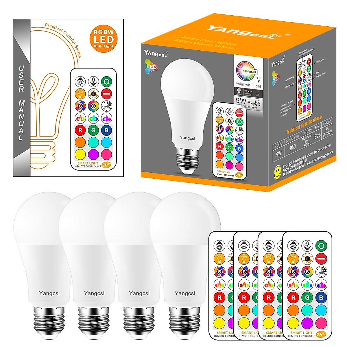 Yangcsl LED Light Bulbs 85W Equivalent 1200lm, RGB Color Changing Light Bulb, 6 Moods - Memory - Sync - Dimmable, A19 E26 Screw Base, Timing Remote Control Included (Pack of 4)