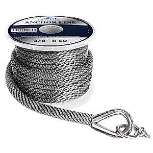 YOUNG MARINE Made 3/8 Inch 100FT 150FT Premium Solid Braid MFP Anchor Line Braided Anchor Rope/Line with Stainless Steel Thimble and Shackle, Grey (3/8" x 50')