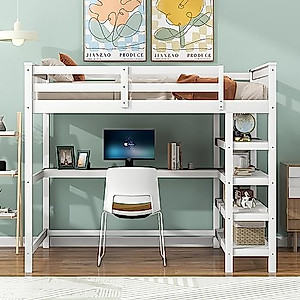 BOVZA Wood Loft Bed with Desk and Shelves, Full Size Loft Bed with Storage Shelves and Under-Bed Desk, Bed Frame for Kids Teens Adult, White