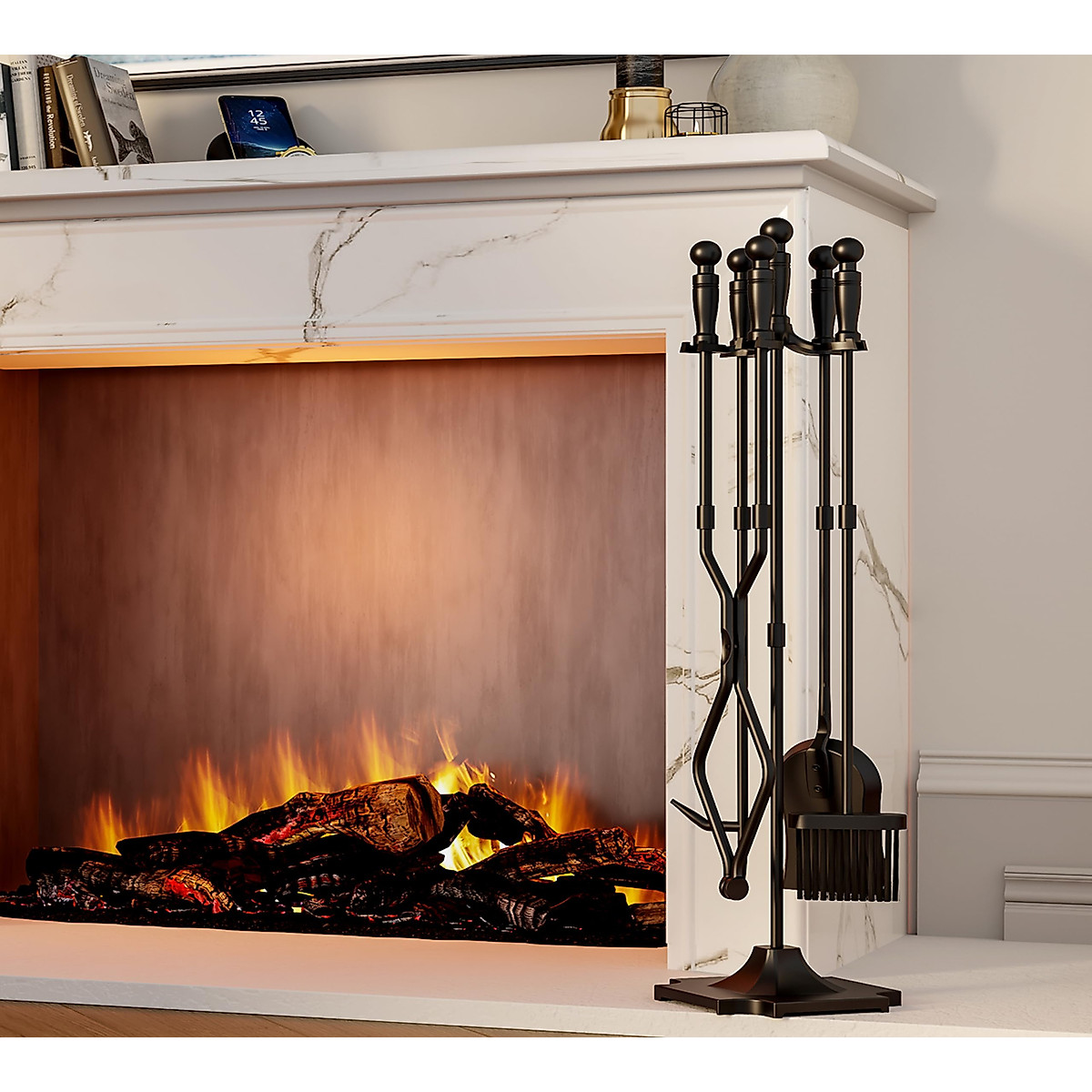 Fire Beauty Fireplace Tools, 5 Pieces Fireside Accessories Fire Kit Set, Stand Woodstove Tools Holder Wrought Iron Handle Indoor Fireset Stand (32 Inches)