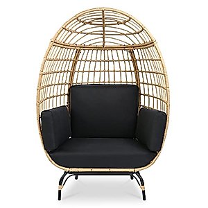 Wicker Rattan Egg Chair, Indoor Outdoor Black Sofa Chair for Patio Backyard and Living Room with 4 Cushions and Powder Coated Steel Frame, Woven Texture Contemporary Ribbed Back Design