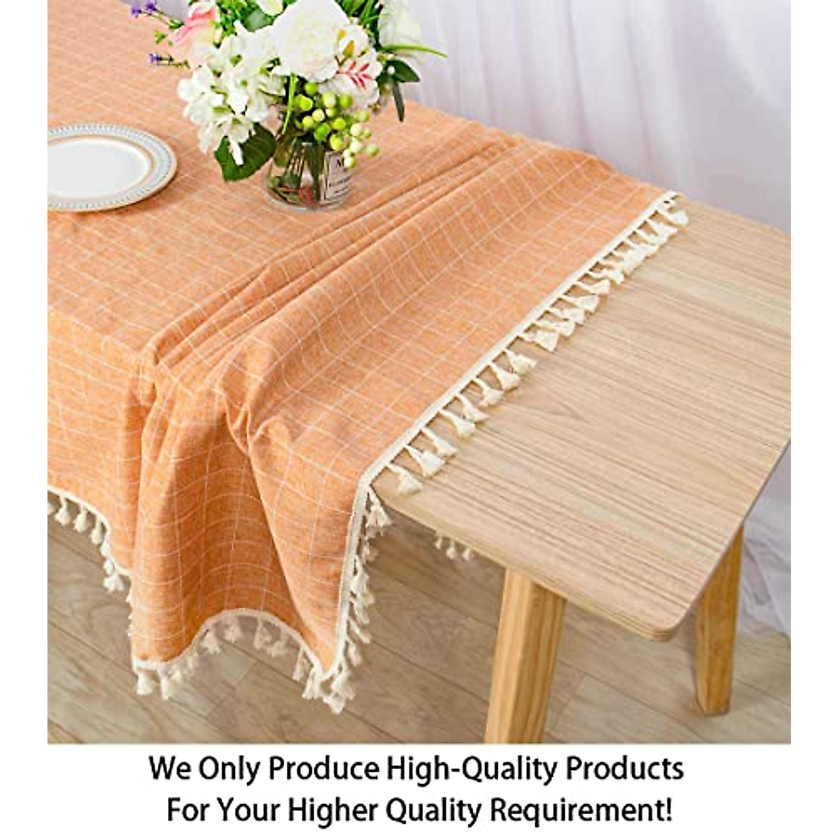 Rectangle Tablecloth Cotton Tablecloth Wrinkle Free Dust-Proof Table Cloth Checkered Design Tablecloth Heavy Weight Cotton Linen 55"x86" Coral Embroidery Tassel Tablecloth for Home Kitchen Tables