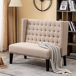 Andeworld Modern Loveseat Settee Bench Sofa Couch, Upholstered Banquette Dining Bench with Back for Dining Living Room Hallway or Entryway Seating,Putty