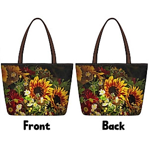 Sunflower Floral Large Totes Top Handle Purse Women Shoulder Bag, Summer Flower Tote Bag with Zipper Handbag for Travel School Girls