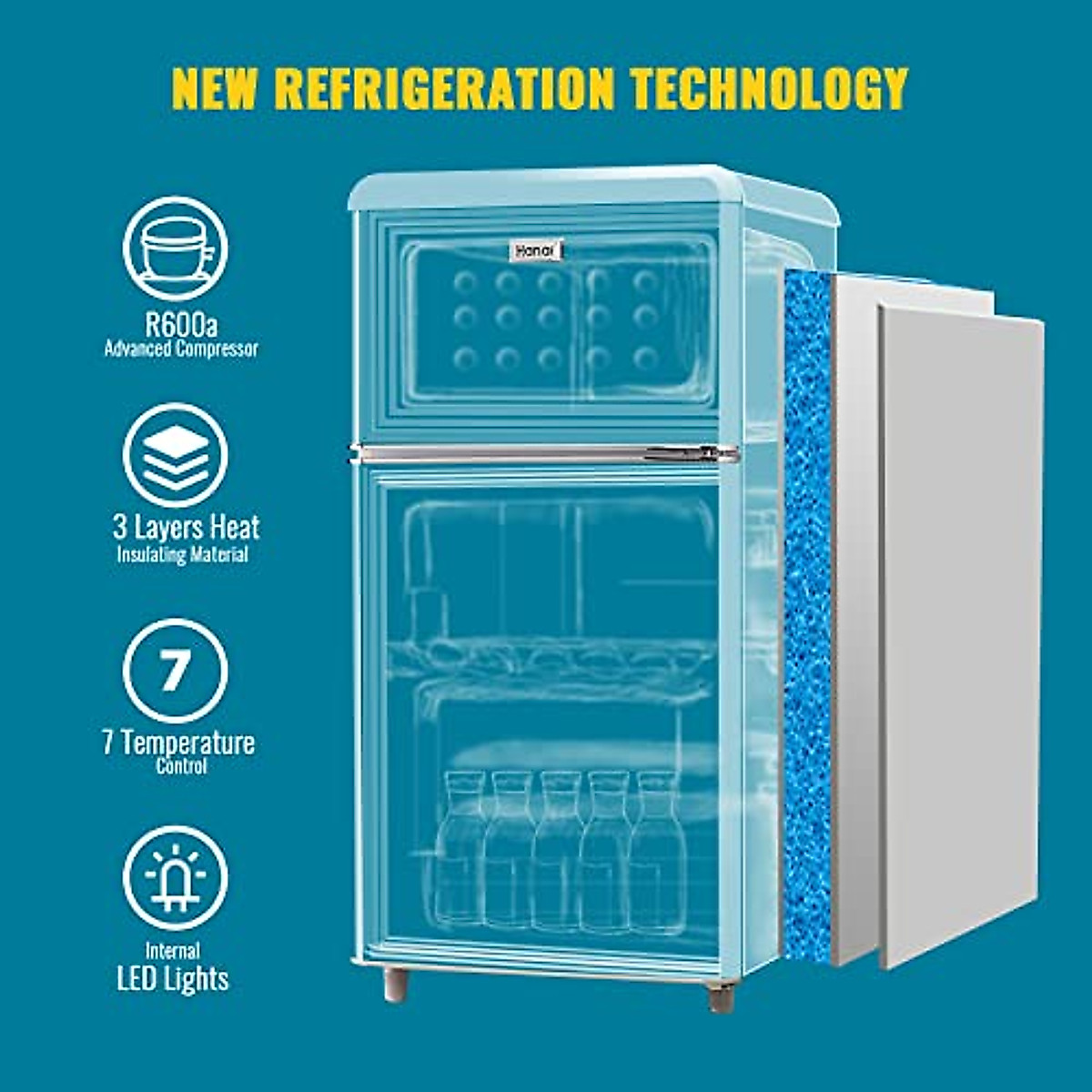 WANAI 3.5 Cu.ft Retro Mini Fridge with Freezer Small Refrigerators Dual Doors & Handles Cream Freestanding Classic Refrigerator Removable Glass Shelves Adjustable Thermostat for Home Office Dorm RV