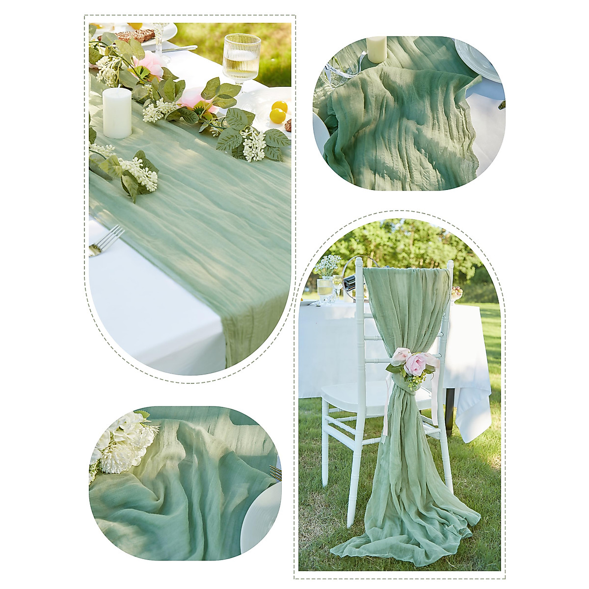 FUANGUI 6 Pack 35x120 Inches Sage Green Cheesecloth Table Runner 10Ft for Baby Shower Wedding Birthday Fall Decoration, Boho Gauze Fabric Rustic Sheer Romantic Cheese Cloth Table Runner