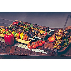 + HOM 8 Kebab 1/2" Wide Flat Skewers, Stainless Steel, No-Wood Handle, Shish, Adana Kabob, Carrying Case