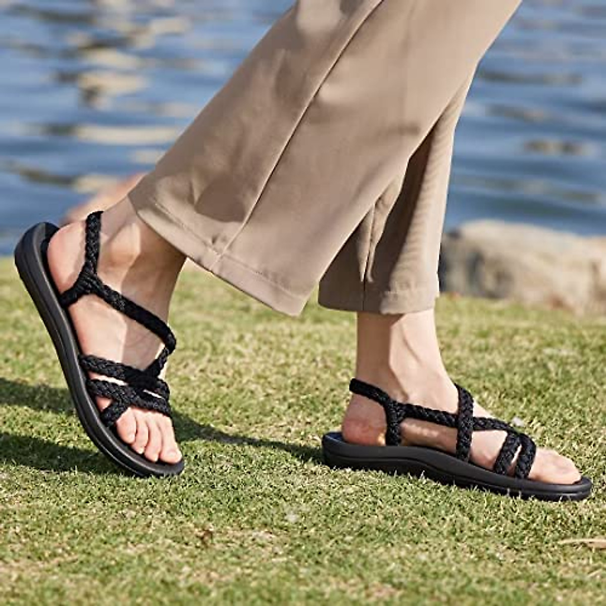 MEGNYA Comfort Braid Strap Sandals for women, Athletic Sport slides with Adjustable Waterproof Ropes, Open Toe Hiking Sandals with Cushion Foam Rubber Soles Black Size 6