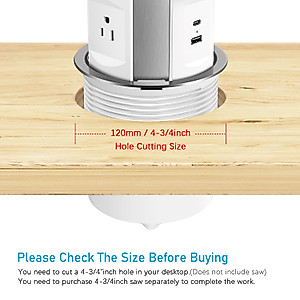 HHSOET 4-3/4 Inch Extra Large Pop Up Outlet for Countertop, Large Round Pop-up Power Strip with USB C Port for Kitchen Counters, in Desk Grommet Outlet Center with 3 Outlet and USB Ports.