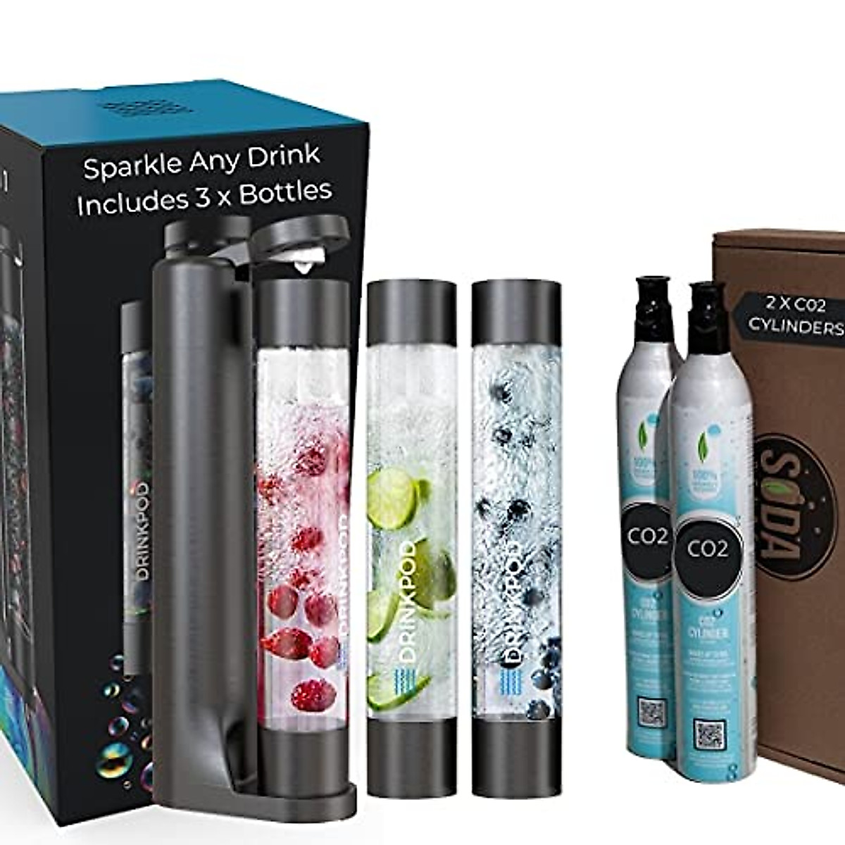 FIZZpod Soda Maker With TWO CO2 Cylinder- Fizzy Drink Machine with 3 PET Bottles, 3 Caps, 1 Carbonator Cap and Manual - Make Homemade Sparkle Water, Juice, Coffee, Tea and Cocktail Drinks with Fruit (Black + 2 CO2 + Stur Drink Mix)