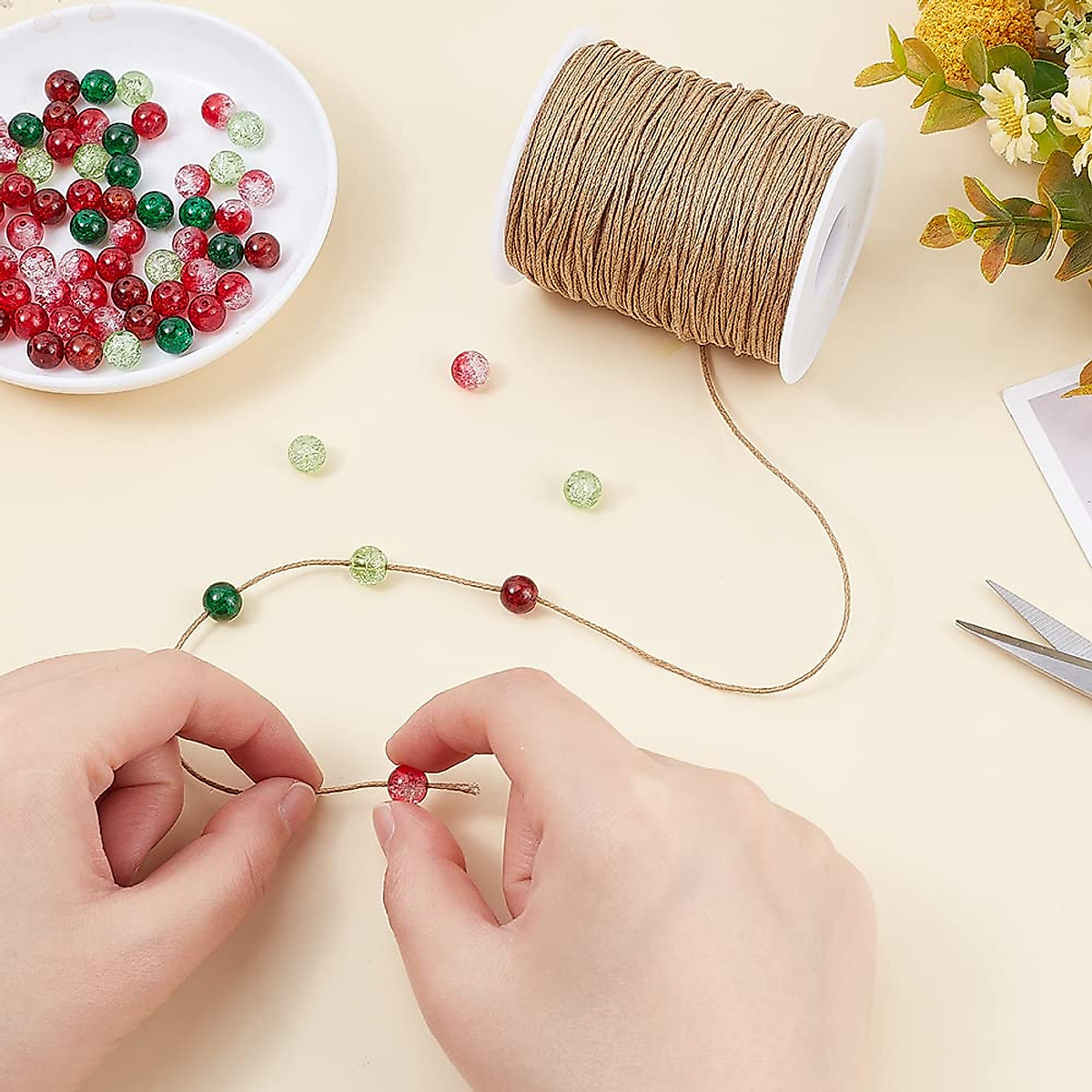 PH PandaHall 100 Yards 1mm Waxed Cotton Cord Thread Beading String for Bracelet Necklace Making Crafting Beading Macrame Vase Decor, Burlywood