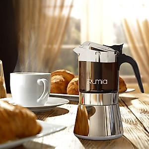 Moka Pot - Rumia Stovetop Espresso Maker, Crystal Glass & Stainless Steel Moka Pot, 6 Espresso Cup/240 ml/8.5 oz for Strong Coffee Maker, Dishwasher Safe, Classic Percolator Italian Style