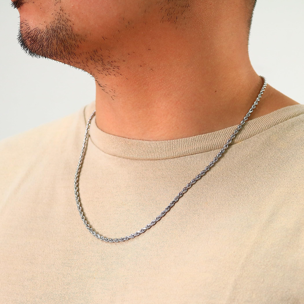 Nuragold 10k White Gold 3mm Rope Chain Diamond Cut Pendant Necklace, Mens Womens Jewelry 16" 18" 20" 22" 24" 26" 28" 30"