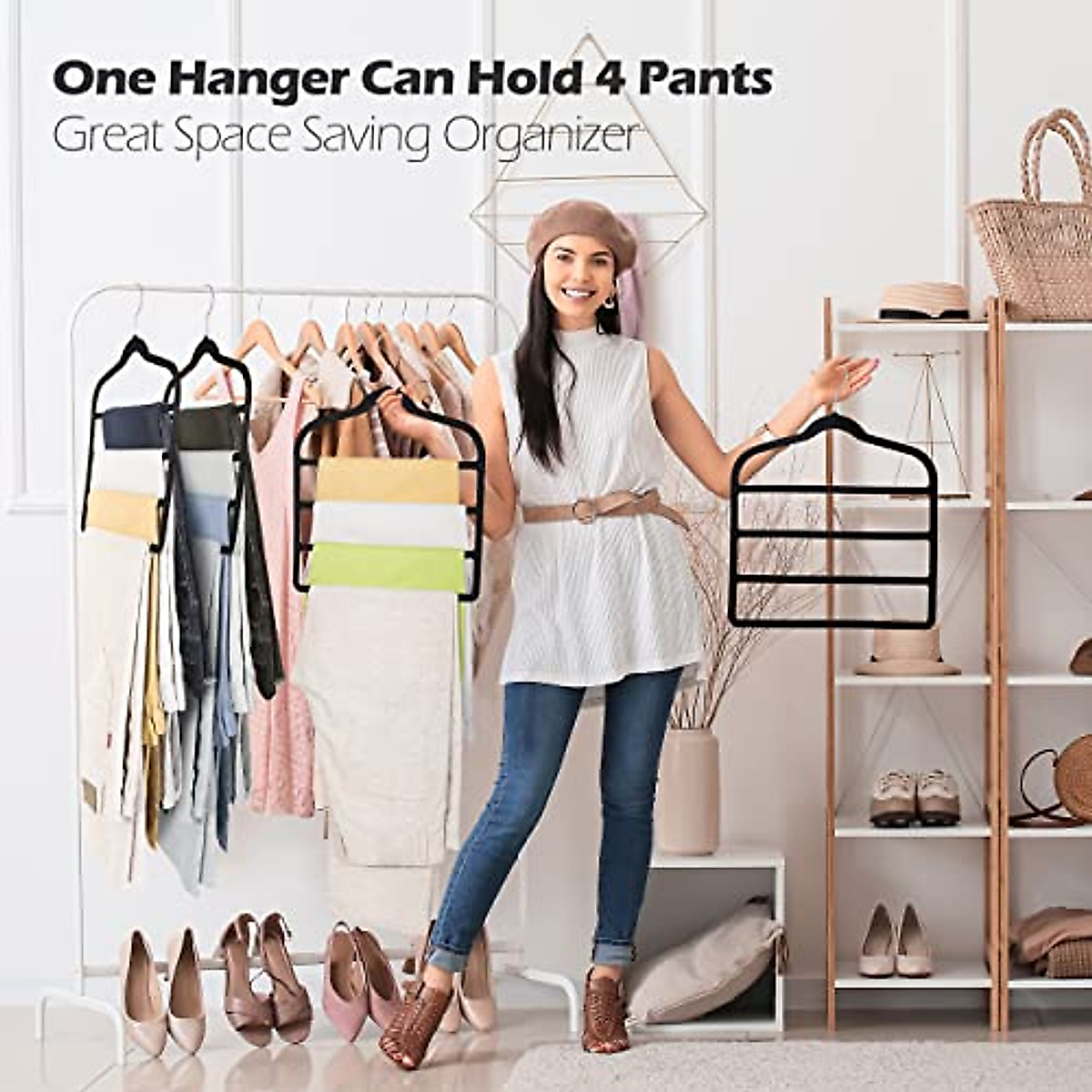 Velvet Pants Clothes Hanger Space Saving Non-Slip Pants Shorts Hanger, Myfolrena Jeans Slack Trousers Hangers Multiple Velvet Hanger Closet Organizer Storage and Organization for Jeans,Scarf,Tie