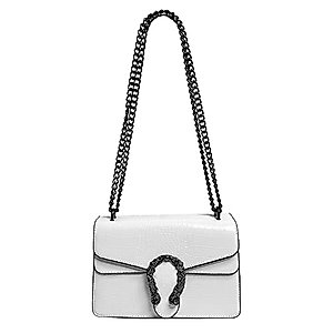 Gxamz Women Crocodile Pattern Leather Crossbody Shoulder Bag Retro Clutch Handbag with Chain Satchel Bag (White)