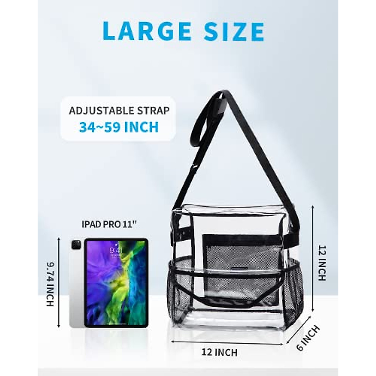 Vorspack Clear Tote Bags - Stadium Approved Clear Bag Clear Stadium Bag with Adjustable Strap Zipper Closure for Sports Events Concerts Work College - Black