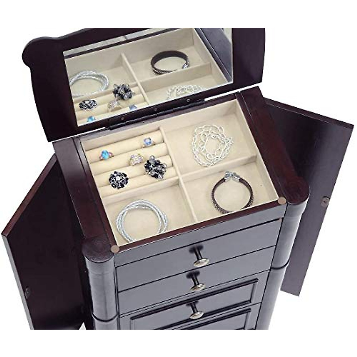 Hives and Honey Scarlett Jewelry Armoire - Elegant Storage Organizer for Your Precious Pieces | Solid Wood, Mirrored Lid | Anti-Tarnish Felt Lining | Espresso Finish