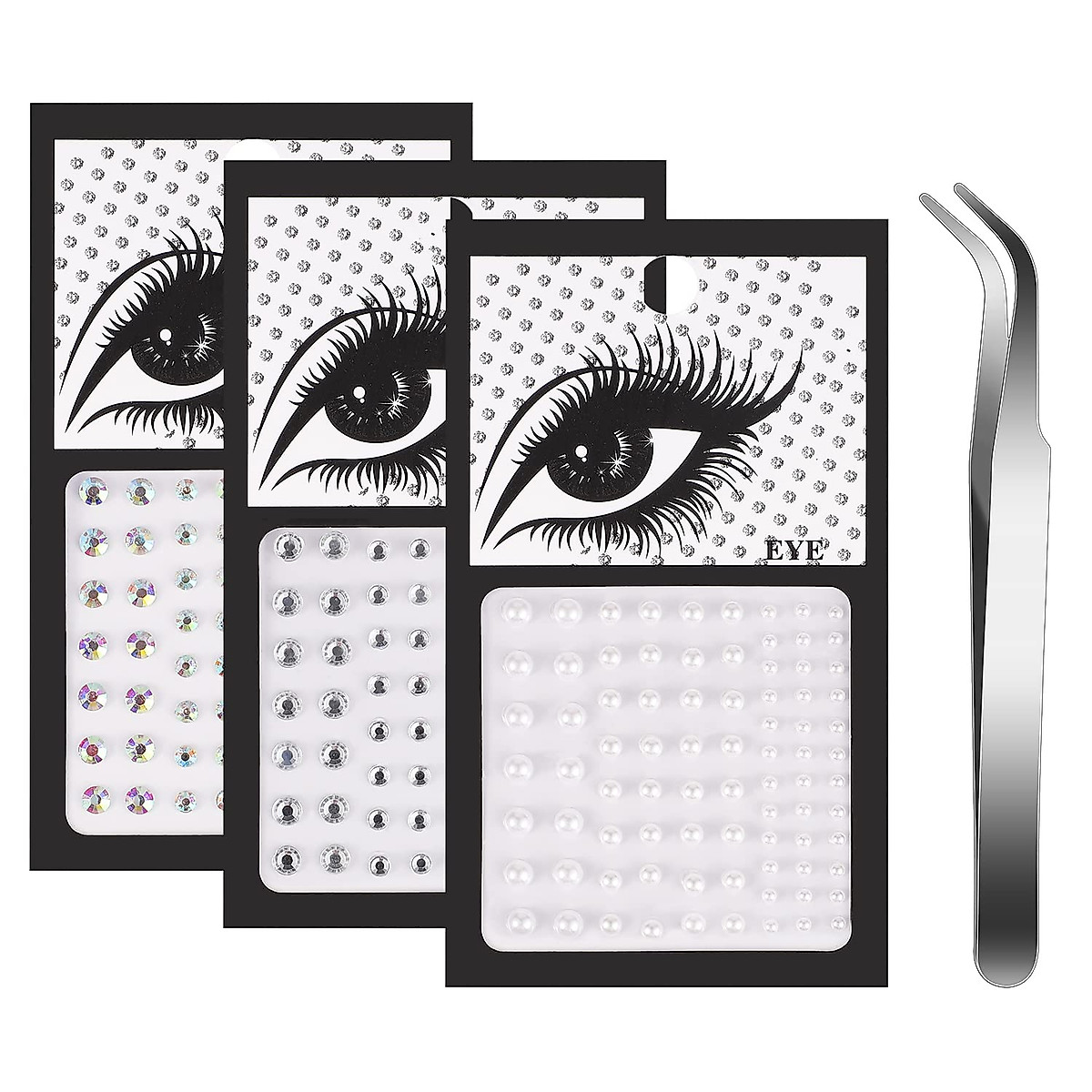 246 Pcs Face Gems Eye Jewels with Tweezers, Stocking Stuffers for Women Acrylic Rhinestone Stickers Self Adhesive Pearl Nail Hair Gems for Makeup (2mm & 3mm &4mm)