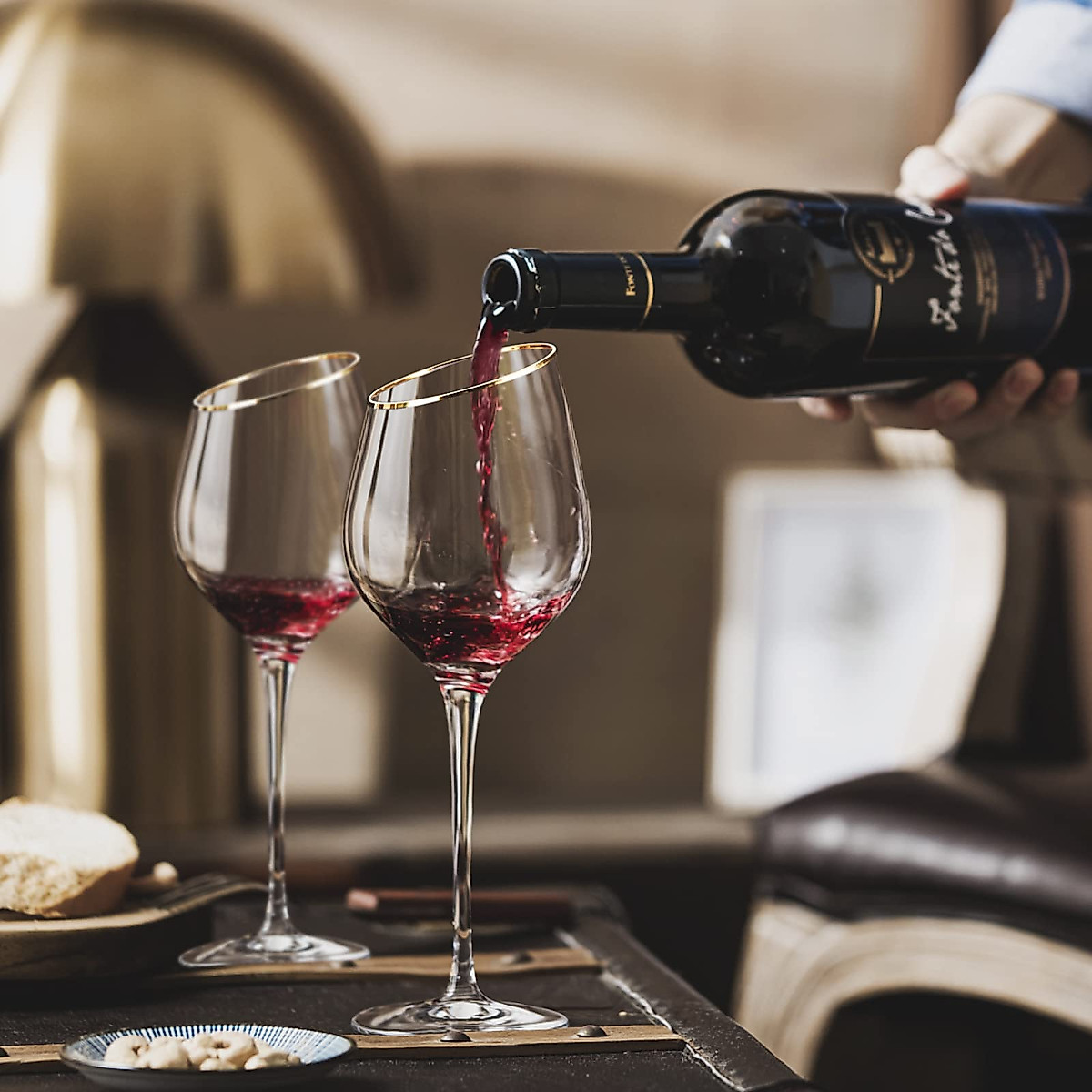 Gold Rimmed Wine Glasses Set of 2,No-Lead Crystal Long Stem Red Wine Glasses,Hand Blown Unique White Wine Glasses with Stem-for Burgundy,Cabernet,and Bordeaux, Christmas Gift,15 oz-Clear