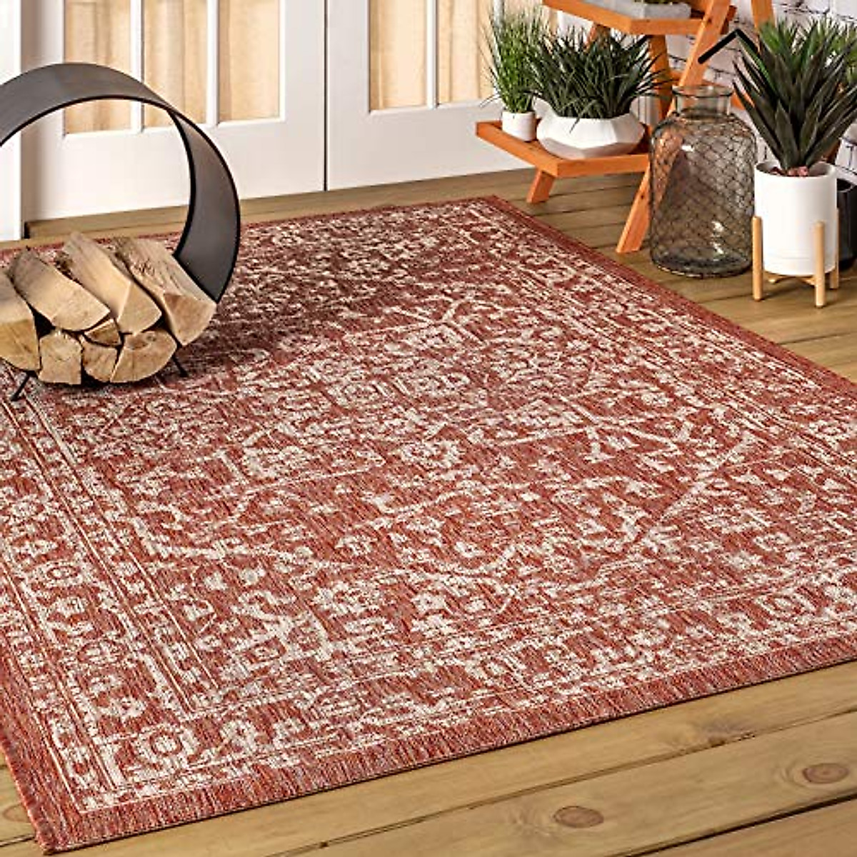 JONATHAN Y SMB104A-3 Malta Bohemian Medallion Textured Weave Indoor Outdoor -Area Rug, Coastal, Traditional, Transitional Easy-Cleaning,Bedroom,Kitchen,Backyard,Patio,Non Shedding, Red/Taupe, 3 X 5