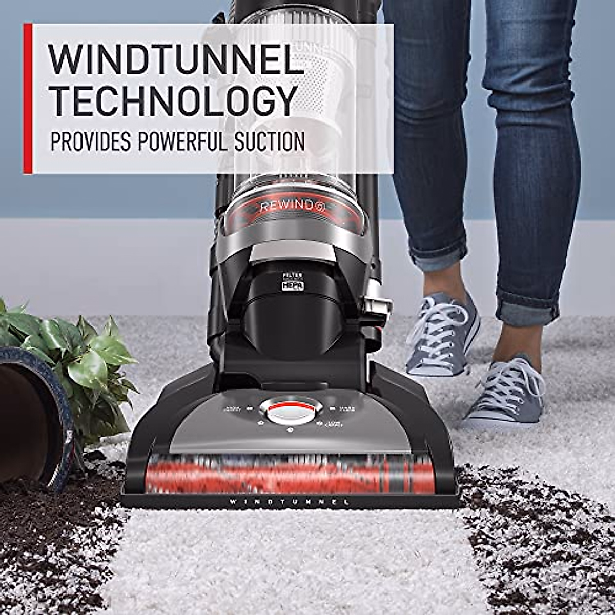 Hoover WindTunnel Whole House Rewind Corded Bagless Upright Vacuum Cleaner, For Carpet and Hard Floors, UH71350V, Black