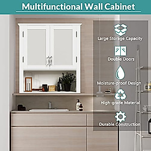MEETWARM Bathroom Cabinet Wall Mounted with Double Doors, Wood Hanging Cabinet, Medicine Cabinet Storage Organizer with Height Adjustable Shelves Over The Toilet, White