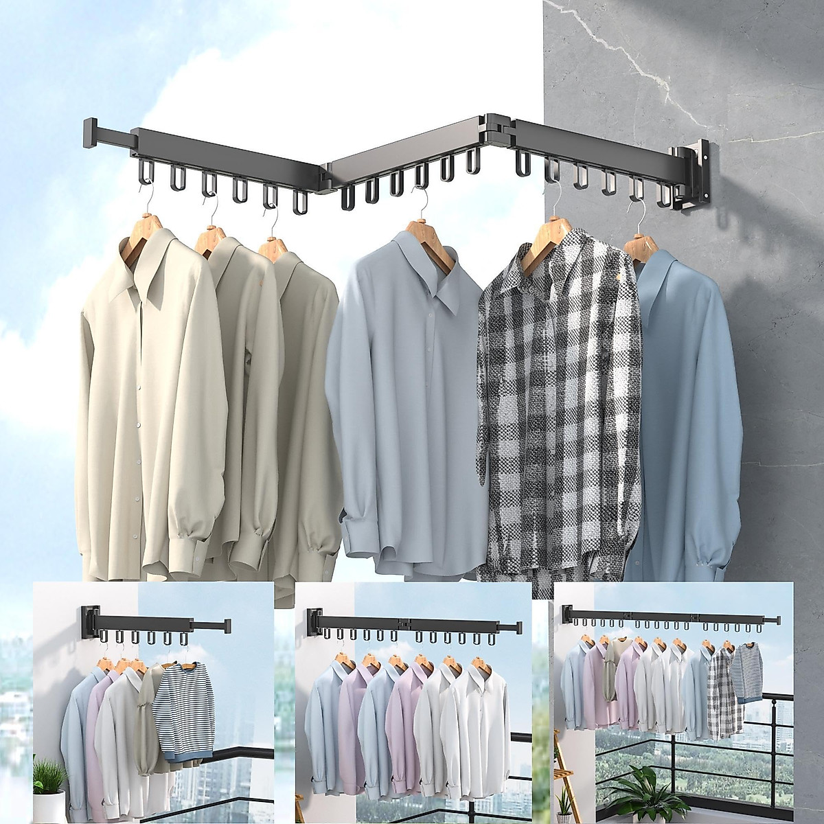 ASDMD Clothes Drying Rack, Laundry Drying Rack Wall Mount, Foldable Clothes Drying Rack,Retractable,Collapsible(3-Fold,), Grey Space Saver Drying Rack for Laundry Balcony Bathroom (Grey, Gear)