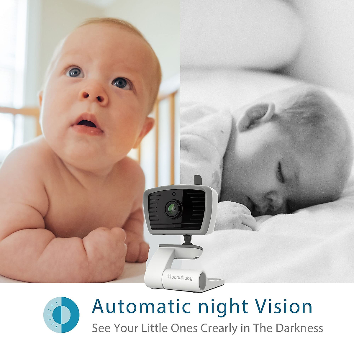 Low EMF 5" HD Auto Noise Reduce Baby Monitor with 2 Cameras.No WiFi Long Range, Split Screen, 2-Way Talk, Lullaby, Auto Night Vision Moonybaby Trust50