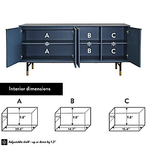 DG Casa Hemsby Mid Century Modern 4 Art Deco Doors Storage Compartment Gold Metal Handle Pull & Feet Buffet Cabinet Table Furniture for Living Room Kitchen Dining Entryway Hallway - Sideboard in Blue