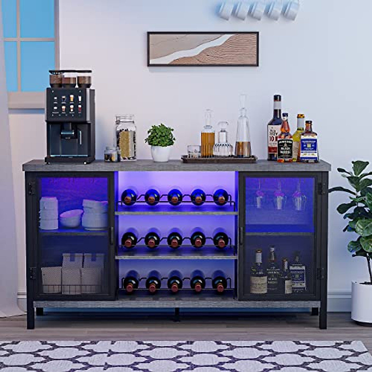 SOSPIRO Bar Cabinet with Wine Rack, LED Lights Industrial Coffee Bar Cabinet for Liquor and Glasses, Liquor Cabinet Bar for Home, Wine Bar Cabinet with Adjustable Shelves (Grey)