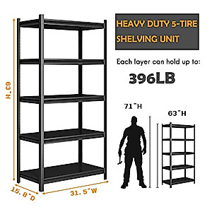 Leariso 5-Tier Garage Shelving Heavy Duty, Adjustable Garage Storage Shelves, 63" H Metal Shelves for Storage, Utility Shelf Rack for Warehouse Basemen Pantry Kitchen, 31.5" W x 15.8" D x 63" H…