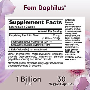 Jarrow Formulas Fem-Dophilus Probiotics 1 Billion CFU With 2 Clinically Effective Strains, Dietary Supplement for Vaginal Health and Urinary Tract Health, 30 Veggie Capsules, 30 Day Supply