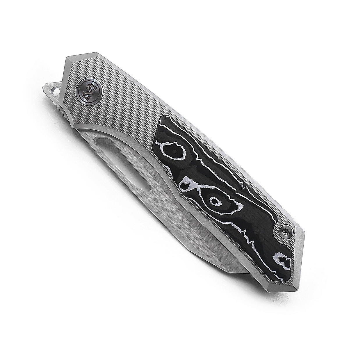 Miguron Knives M Keryx II Front Flipper Folding Knife 3.18" Hand Ground Rubbed Satin M390 Blade Titanium With Silver Carbon Fiber Inlay Handle Pocket Knife MGR-605CSRII