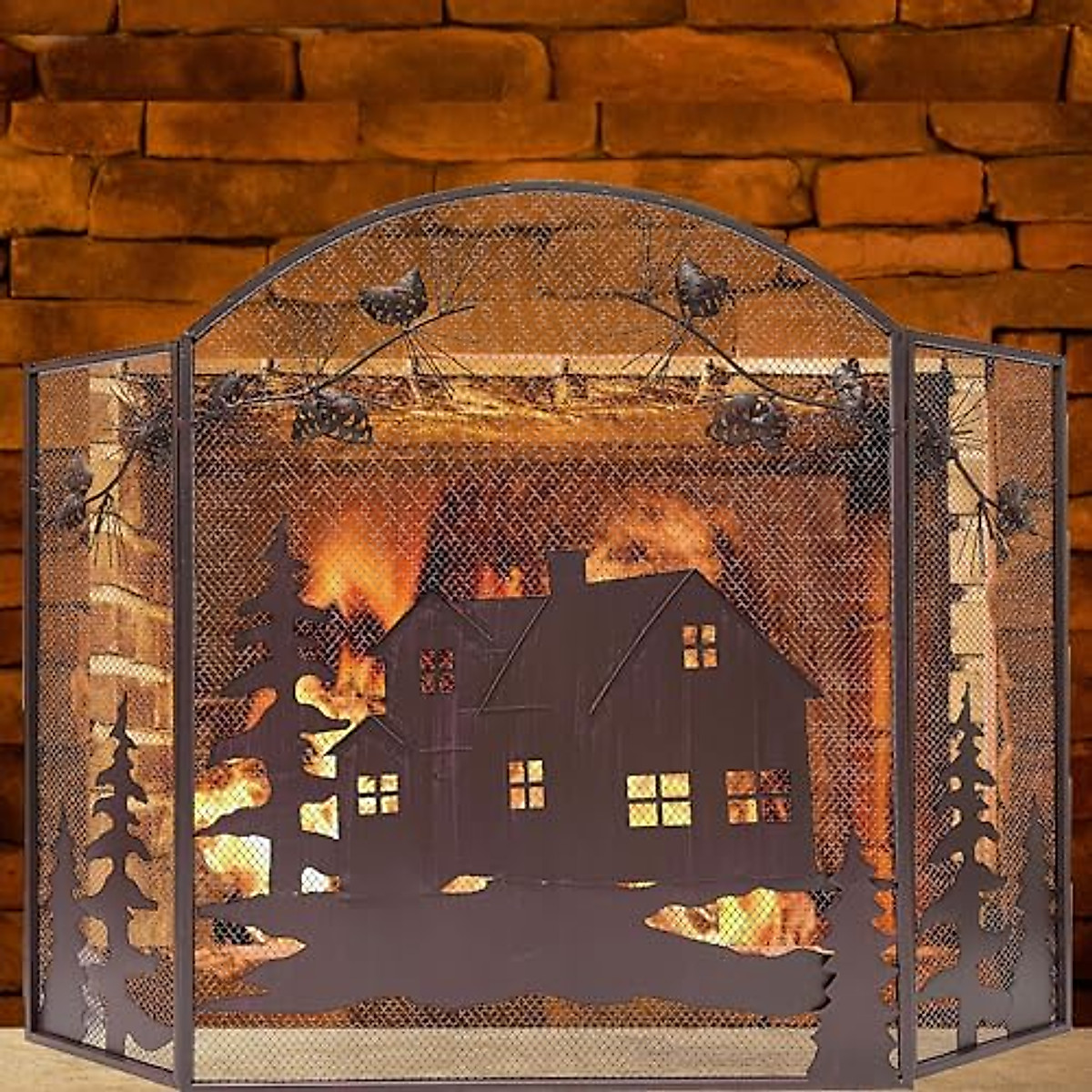 BestGiftEver 3-Panel Fireplace Screen Decorative with House Cabin Lodge Pine Cone Design - Stand Alone Fireplace Cover Metal Mesh Screen - Home Decorative Firescreen forRustic Western Country Style