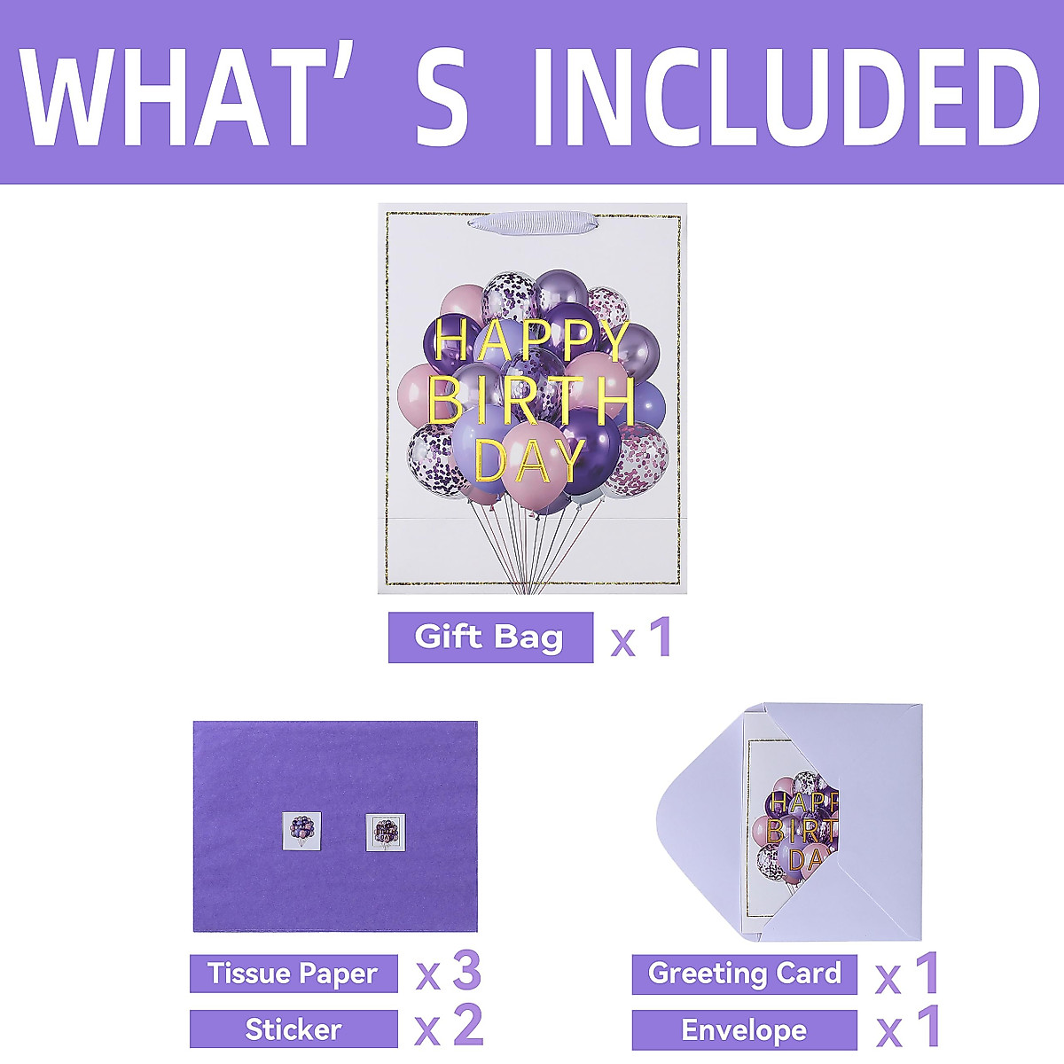 13" Large white Gift Bag Set with Greeting Card and Lavender Tissue Papers (Balloon and Embossing Gold Foil ‘Happy Birthday’) for Women's or Men's Birthday Party, Girls', Boys' or Kids' Party, Baby Shower, Baby Girl or Boy-10.2”x5.2”x13”,1 Pcs.