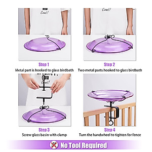 MUMTOP Deck Mounted Bird Bath, Glass Bird Baths Bowl Spa with Adjustable Sturdy Steel Clamp for Outdoor Garden Patio Lawn Yard Deck Railing Decoration, Purple