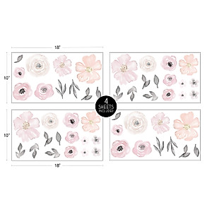 Blush Pink, Grey and White Wall Decal Stickers for Watercolor Floral Collection by Sweet Jojo Designs - Set of 4 Sheets
