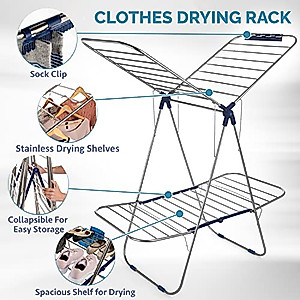 Luxe Laundry Premium Clothes Drying Rack, Foldable 2-Layer Stainless Steel Drying Rack, Free Standing with Height Adjustable Wings, Stainless Steel, Sock Clips, Towel Rack, Clothes, Blue