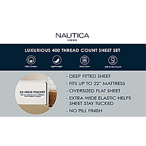 Nautica - Queen Sheets, Cotton Sateen Bedding, 400 Thread Count, Silky Smooth & Wrinkle Resistant (Regatta White, Queen)