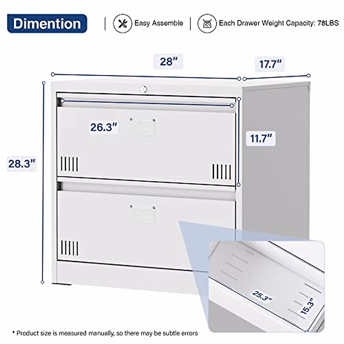 Lateral File Cabinet with Lock, 2 Drawer Metal File Cabinets for Home Office Hanging Letter/Legal/F4/A4, Metal Horizontal File Cabinet with Card Slot for Easy Organization(White)