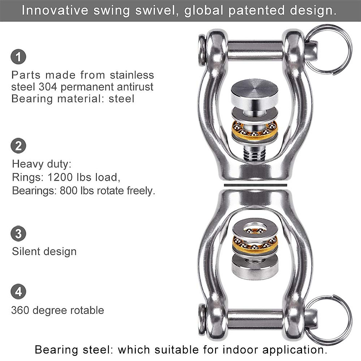 Dolibest SUS304 Silent Bearing Swing Swivel, Tire Swing Swivel with 2 Removeable Buckle for Web Tree Swing, Aerial Dance, Swing Yoga Swing Sets, 770LB Capacity