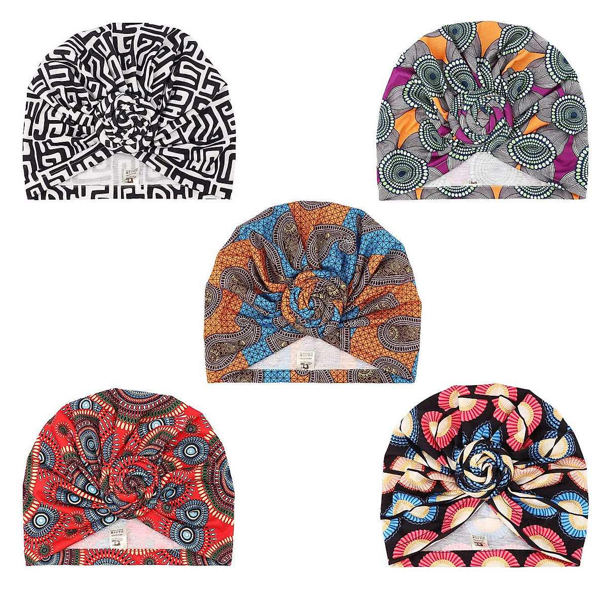 DRESHOW 5 Pack Knotted Headwraps for Women African Turban Pre-Knotted Beanie Headwraps Hair Covers